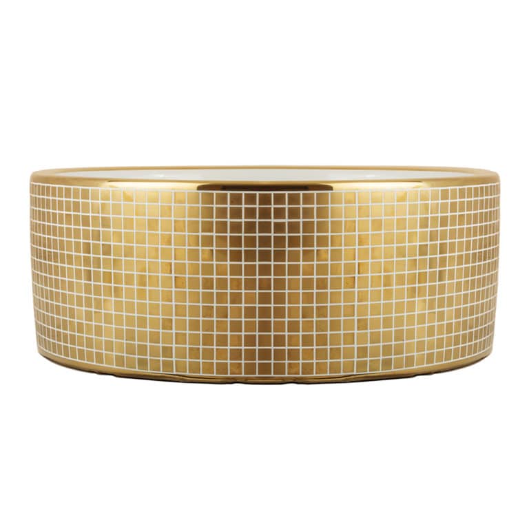 Gold Mosaic Vessel Sink White Porcelain with Gold Overflow