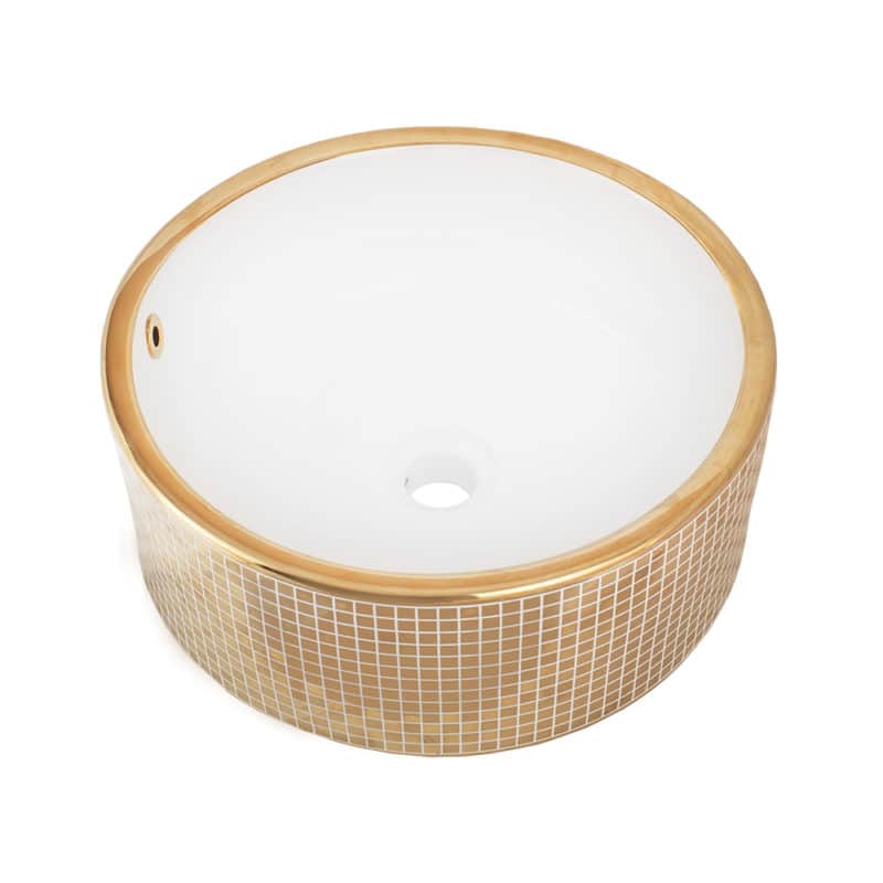Gold Mosaic Vessel Sink White Porcelain with Gold Overflow