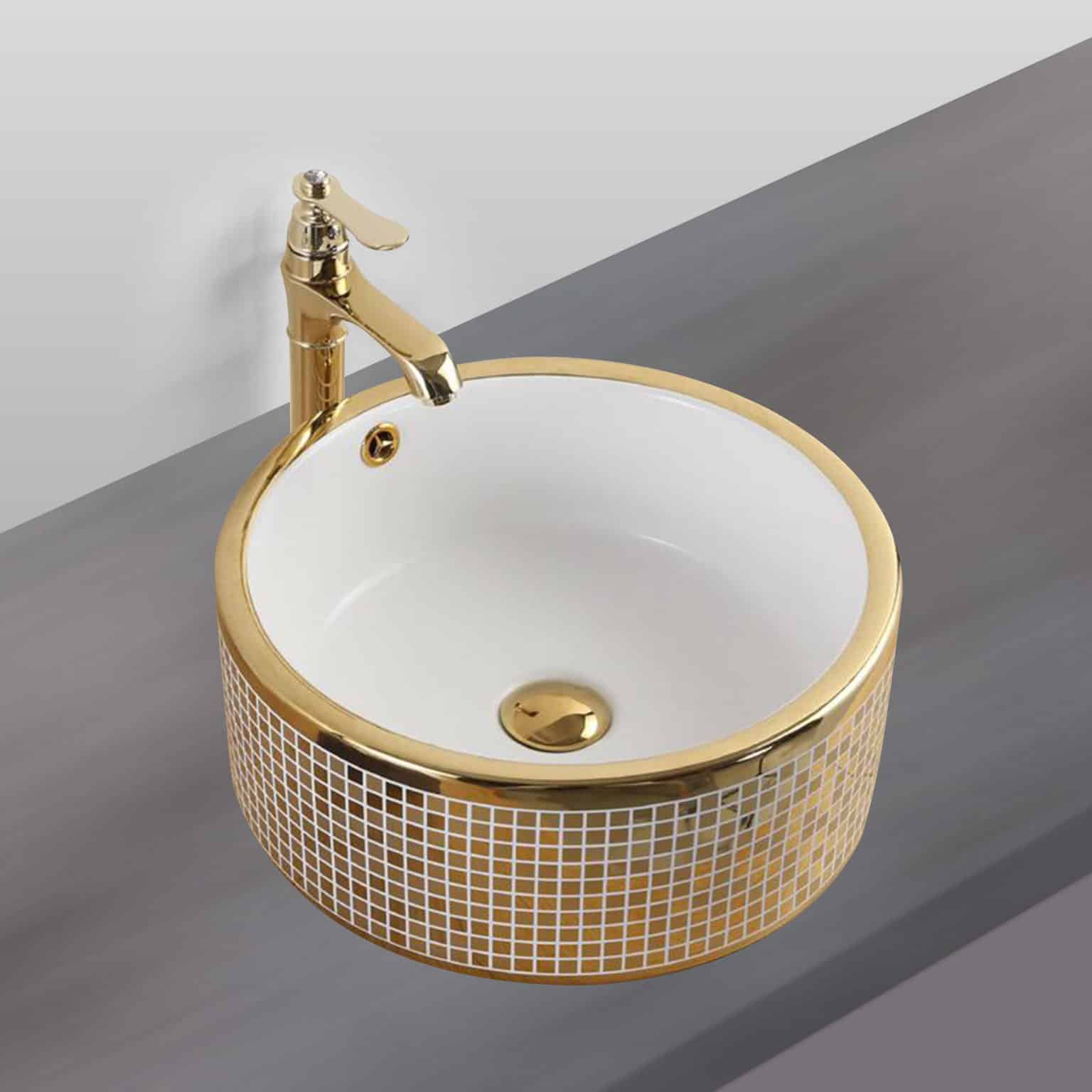 Gold Mosaic Vessel Sink White Porcelain with Gold Overflow