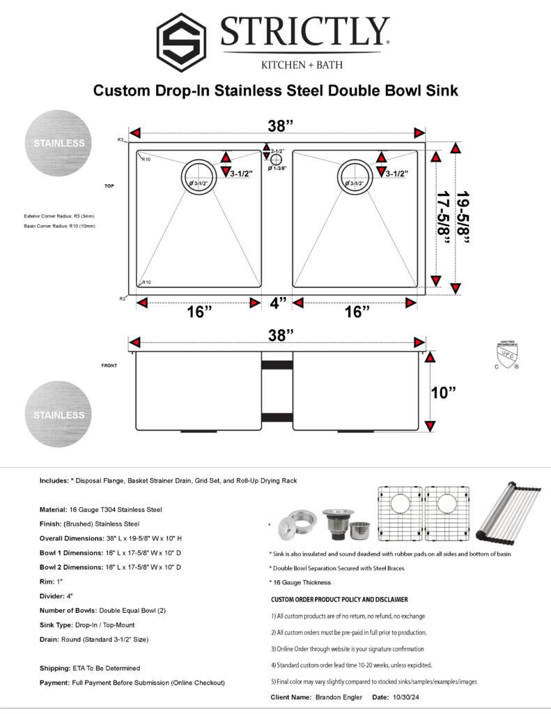 Custom Drop-In Stainless Steel Double Bowl Sink | B. Engler - Strictly ...