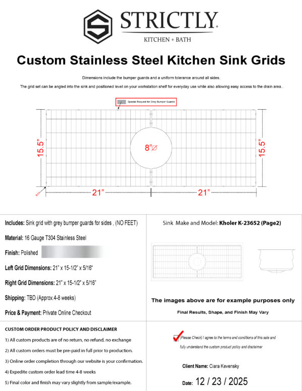 Custom Stainless Steel Kitchen Sink Grid Set for Kholer K-23652 ...